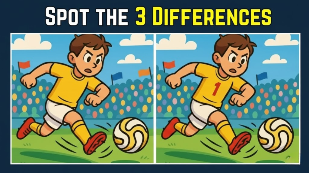 Spot the Difference Puzzle: Find 3 Hidden Changes in Boy Playing Football